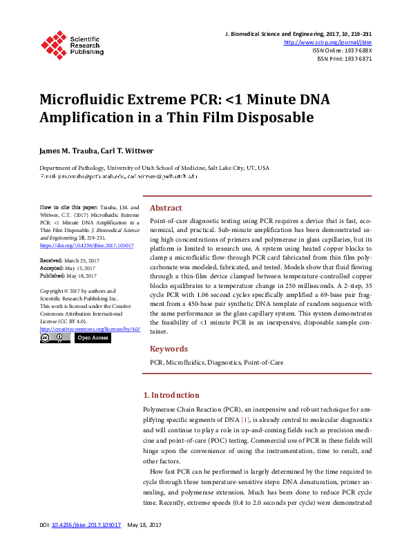 (PDF) Sub-Minute DNA Amplification in Disposable PCR
