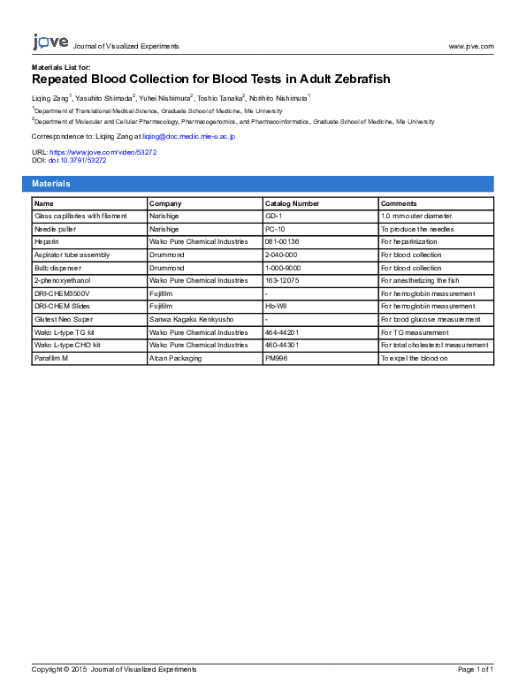 (PDF) Repeated Blood Collection for Blood Tests in Adult Zebrafish