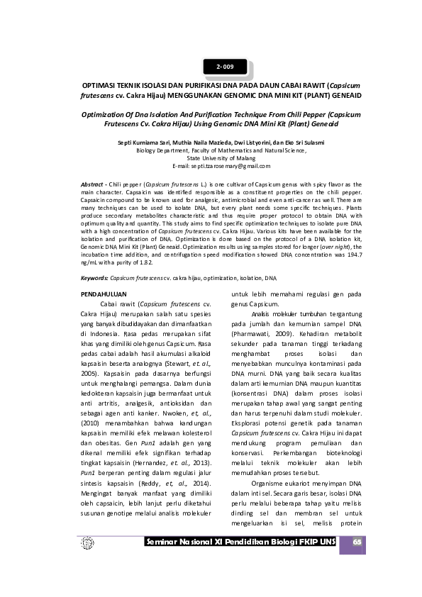 (PDF) OPTIMASI TEKNIK ISOLASI DAN PURIFIKASI DNA PADA DAUN CABAI RAWIT ...