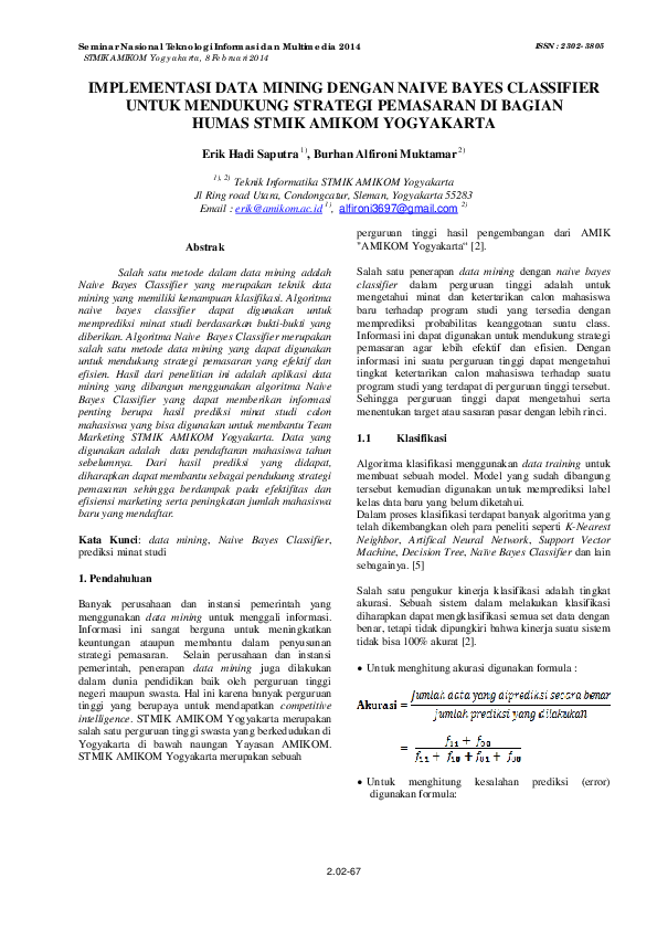 (PDF) Implementasi Data Mining Dengan Naive Bayes Classifier Untuk Mendukung Strategi Pemasaran ...