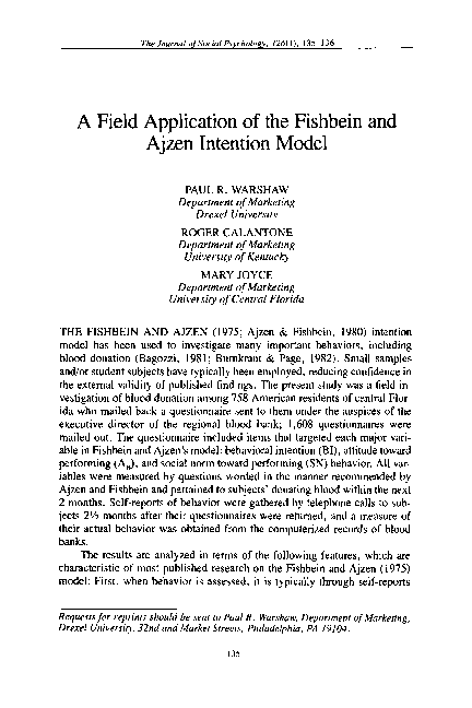 (PDF) A Field Application of the Fishbein and Ajzen Intention Model