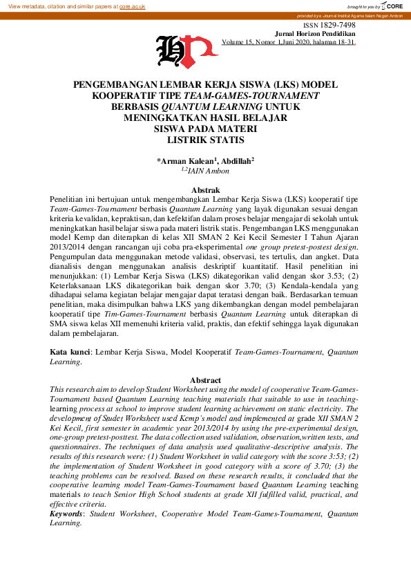 (PDF) Pengembangan Lembar Kerja Siswa (LKS) Model Kooperatif Tipe Team-Games-Tournament Berbasis ...