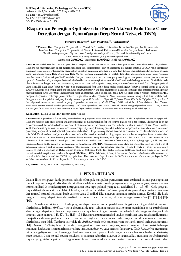 Pdf Eksperimen Pengujian Optimizer Dan Fungsi Aktivasi Pada Code Clone Detection Dengan