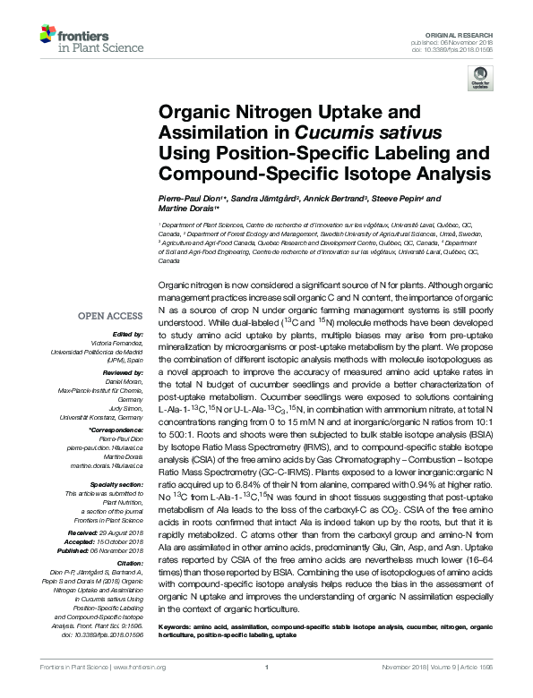 (PDF) Organic Nitrogen Uptake and Assimilation in Cucumis sativus Using Position-Specific ...