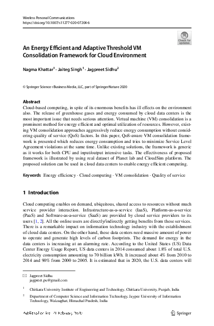 Pdf An Energy Efficient And Adaptive Threshold Vm Consolidation