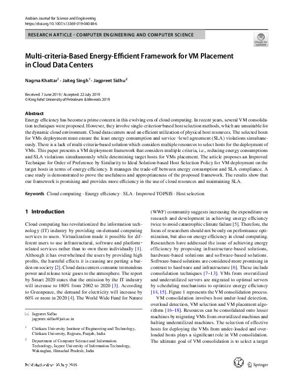 Pdf Multi Criteria Based Energy Efficient Framework For Vm Placement