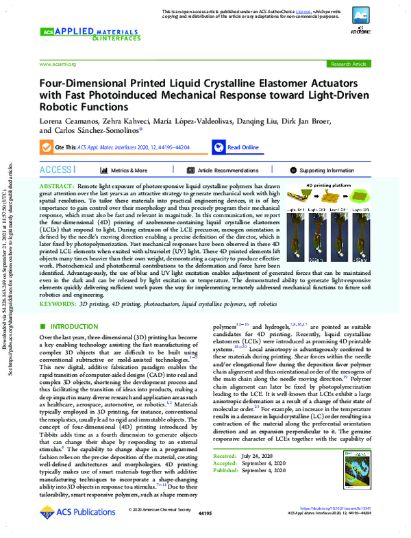 (PDF) Four-Dimensional Printed Liquid Crystalline Elastomer Actuators with Fast Photoinduced ...