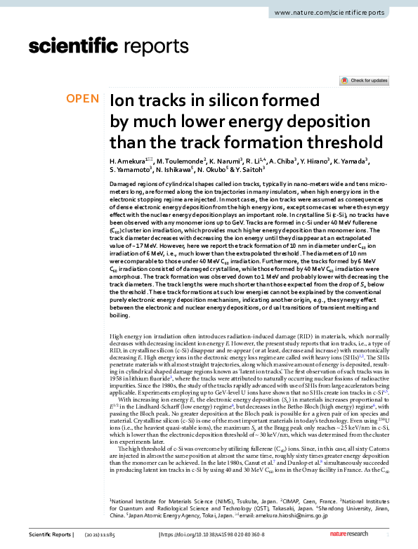 (PDF) Ion tracks in silicon formed by much lower energy deposition than ...