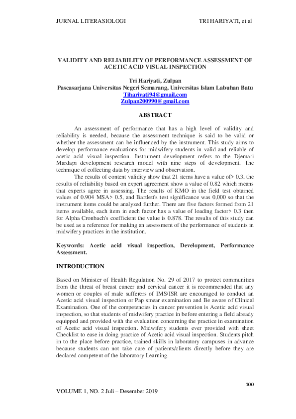(PDF) Validity and Reliability of Performance Assessment of Acetic Acid Visual Inspection
