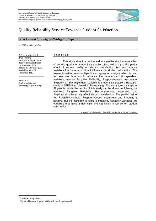 (PDF) Quality Reliability Service Towards Student Satisfaction ...