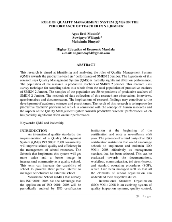 (PDF) Role of Quality Management System (QMS) on the Performance of ...