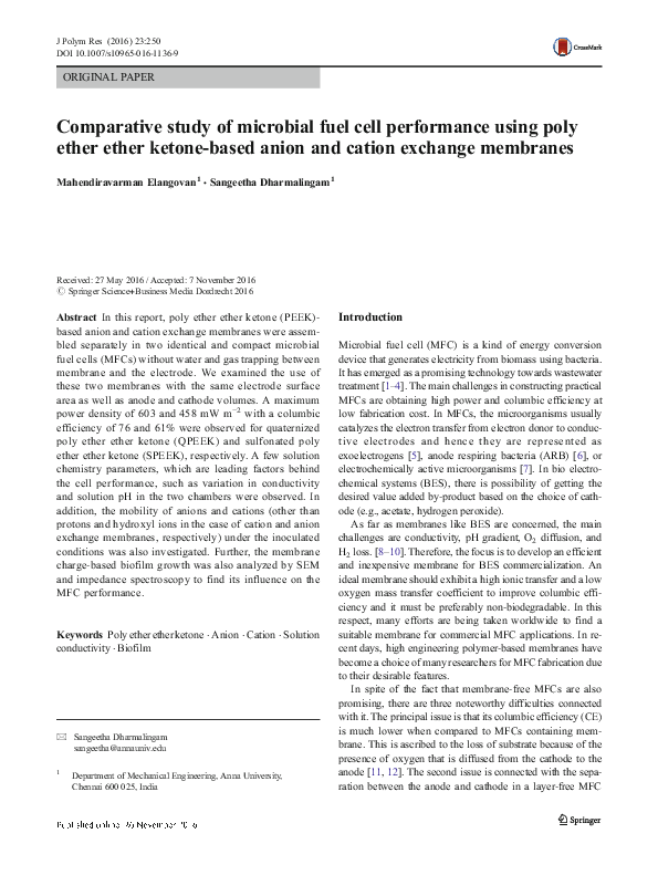 (PDF) Comparative study of microbial fuel cell performance using poly ether ether ketone-based ...