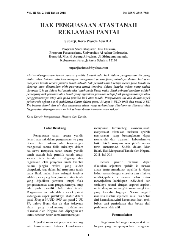 (PDF) Hak Penguasaan Atas Tanah Reklamasi Pantai