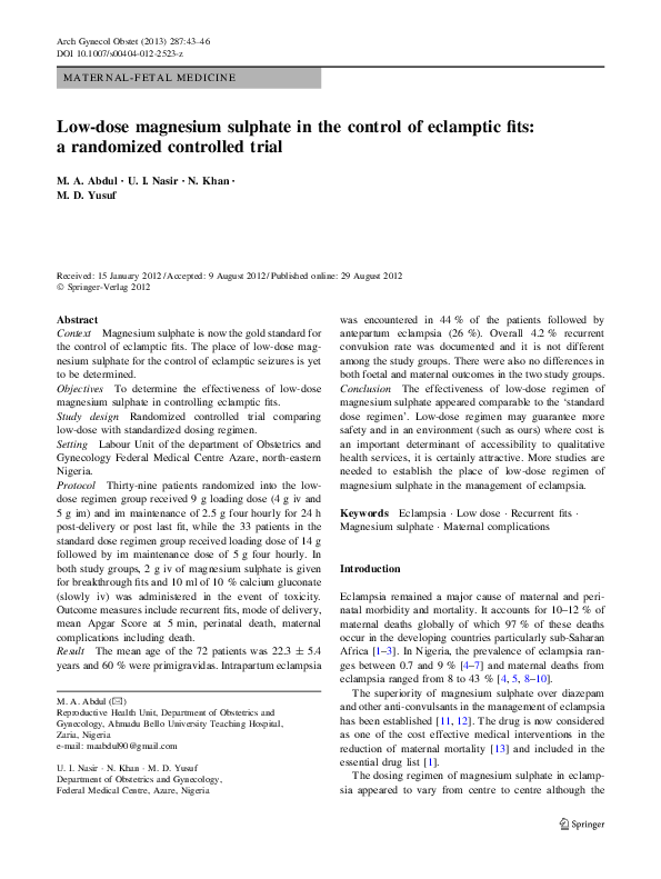 (PDF) Low-dose magnesium sulphate in the control of eclamptic fits: a ...