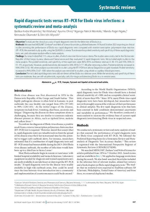 (PDF) Rapid diagnostic tests versus RT–PCR for Ebola virus infections ...