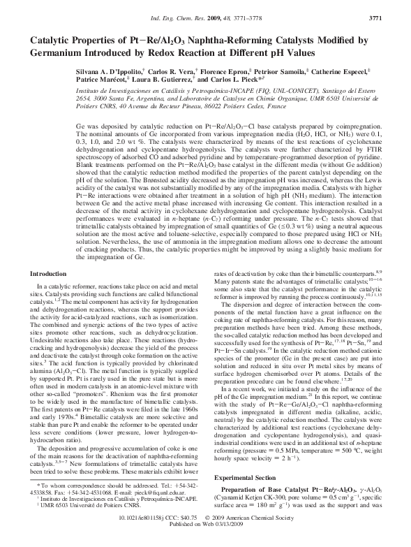 (PDF) Catalytic Properties of Pt−Re/Al2O3 Naphtha-Reforming Catalysts Modified by Germanium ...