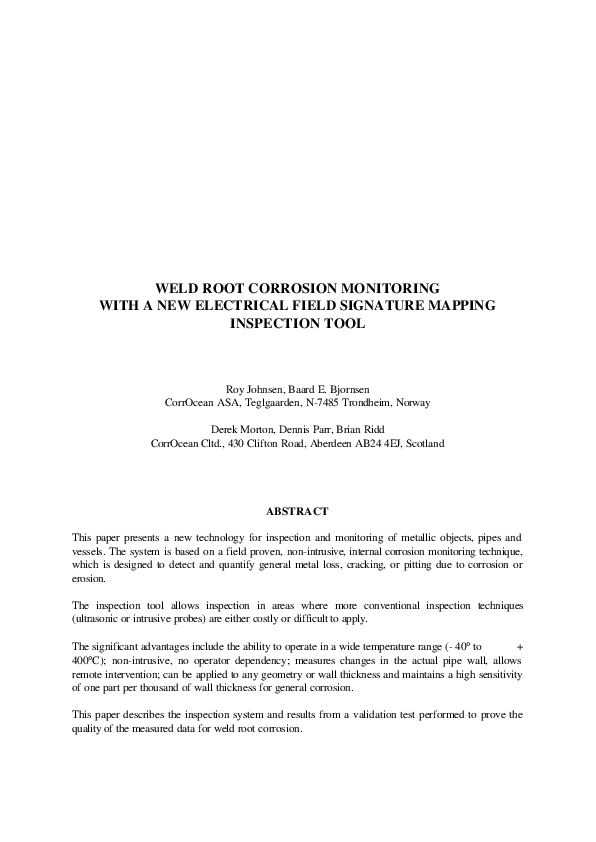 (PDF) Weld Root Corrosion Monitoring With a New Electrical Field ...