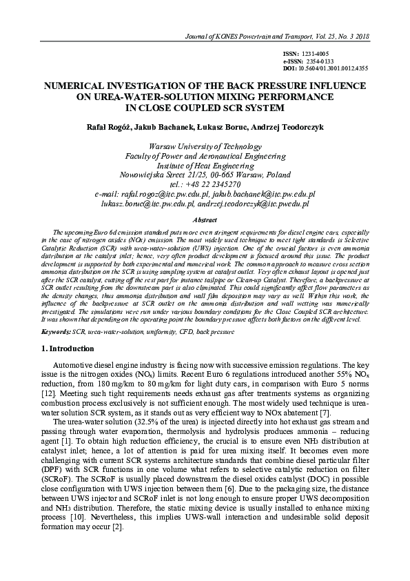 (PDF) Numerical Investigation of the Back Pressure Influence on Urea-Water-Solution Mixing ...