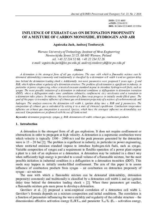 Pdf Influence Of Exhaust Gas On Detonation Propensity Of A Mixture Of Carbon Monoxide