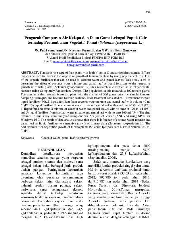 (PDF) Pengaruh Campuran Air Kelapa dan Daun Gamal sebagai Pupuk Cair terhadap Pertumbuhan ...