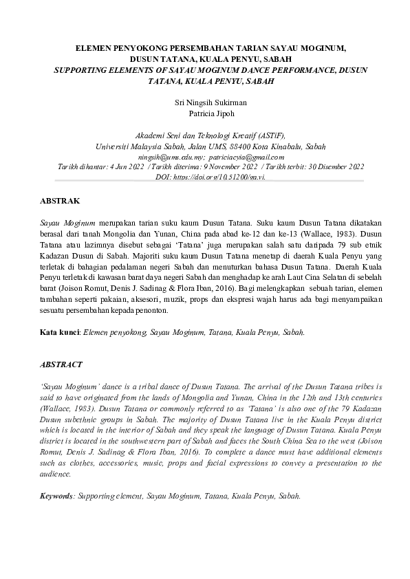 (PDF) Elemen Penyokong Persembahan Tarian Sayau Moginum, Dusun Tatana ...