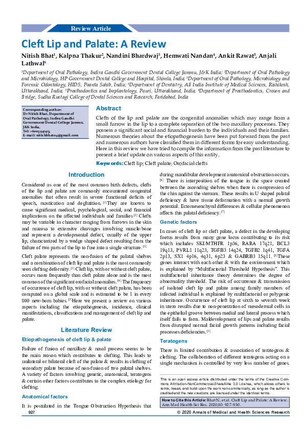(PDF) Cleft Lip and Palate: A Review