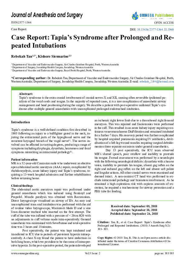 (PDF) Case Report: Tapia’s Syndrome after Prolonged and Repeated ...