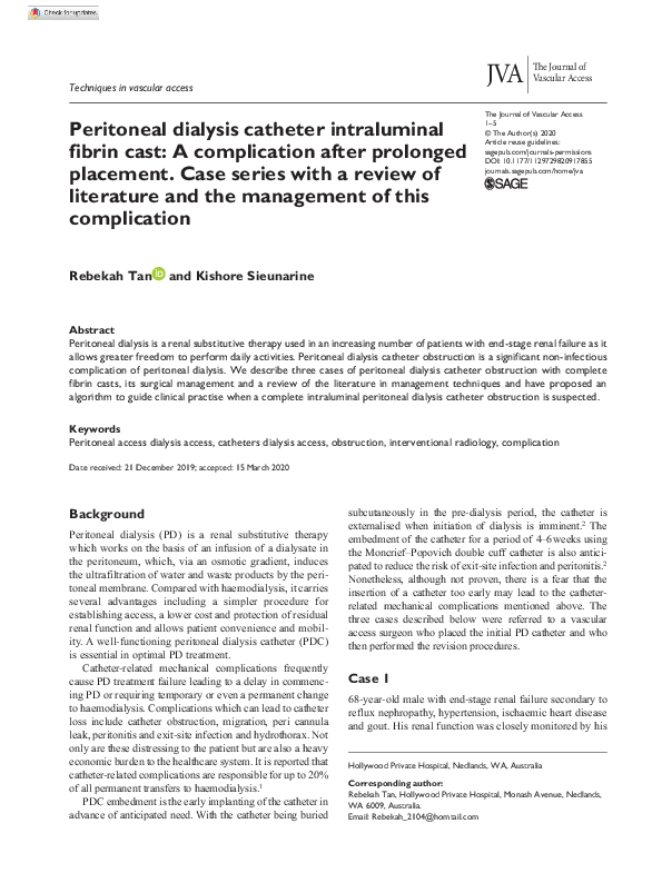 (PDF) Peritoneal dialysis catheter intraluminal fibrin cast: A complication after prolonged ...