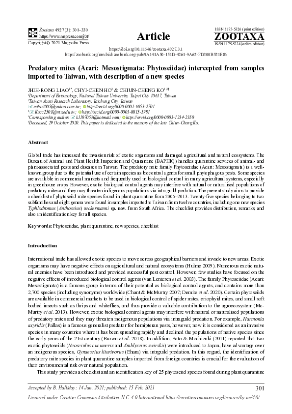 (PDF) Predatory mites (Acari: Mesostigmata: Phytoseiidae) intercepted ...