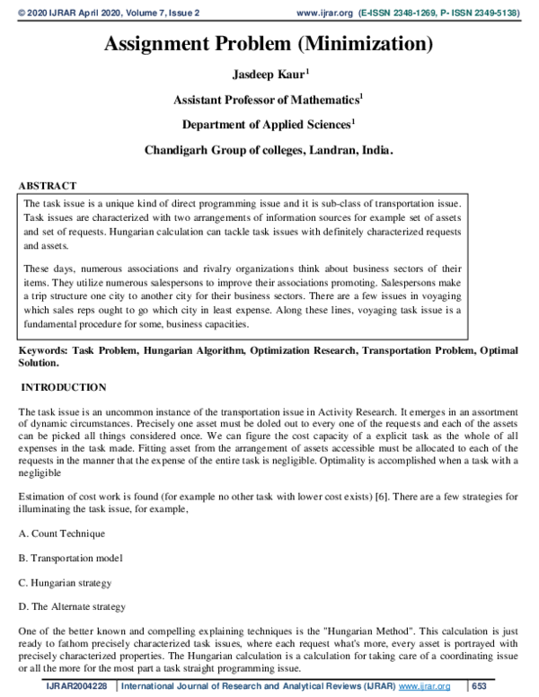 Pdf Assignment Problem Minimization