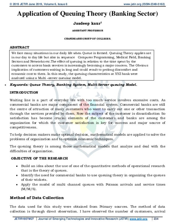 (PDF) Application of Queuing Theory (Banking Sector)