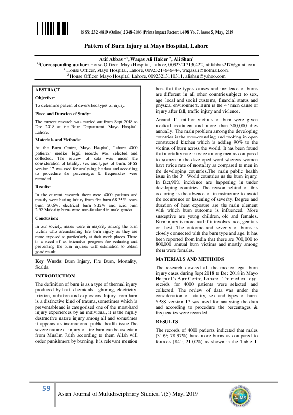 (PDF) Pattern of Burn Injury at Mayo Hospital, Lahore