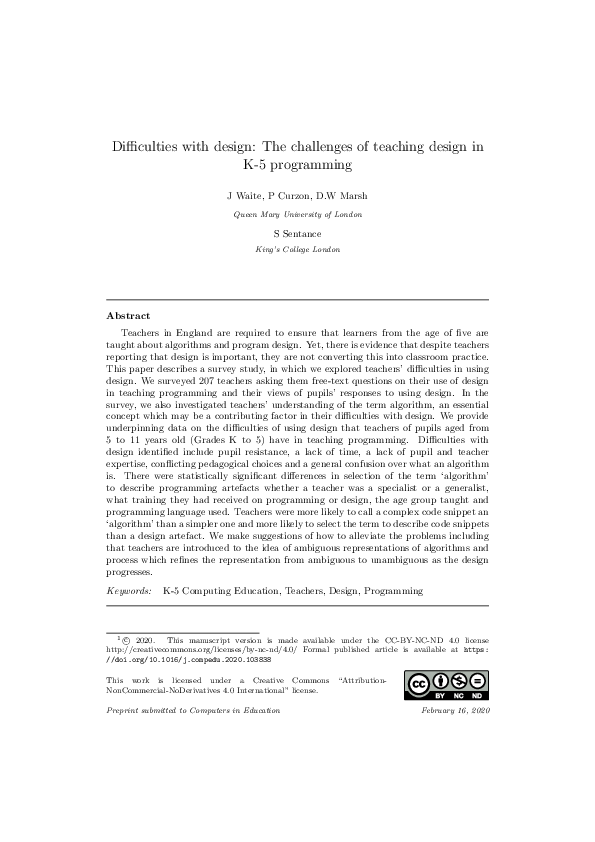 (PDF) Difficulties with design: The challenges of teaching design in K-5 programming