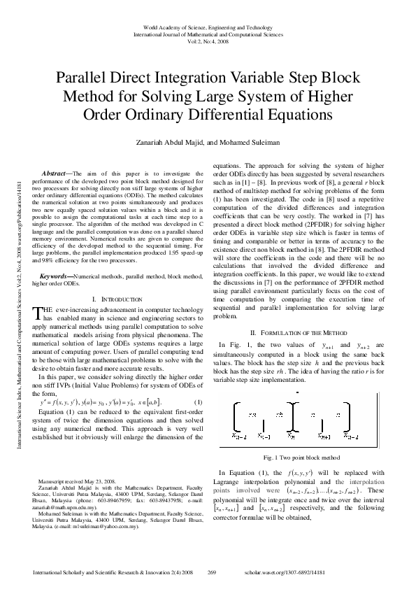 Pdf Parallel Direct Integration Variable Step Block Method For Solving Large System Of Higher