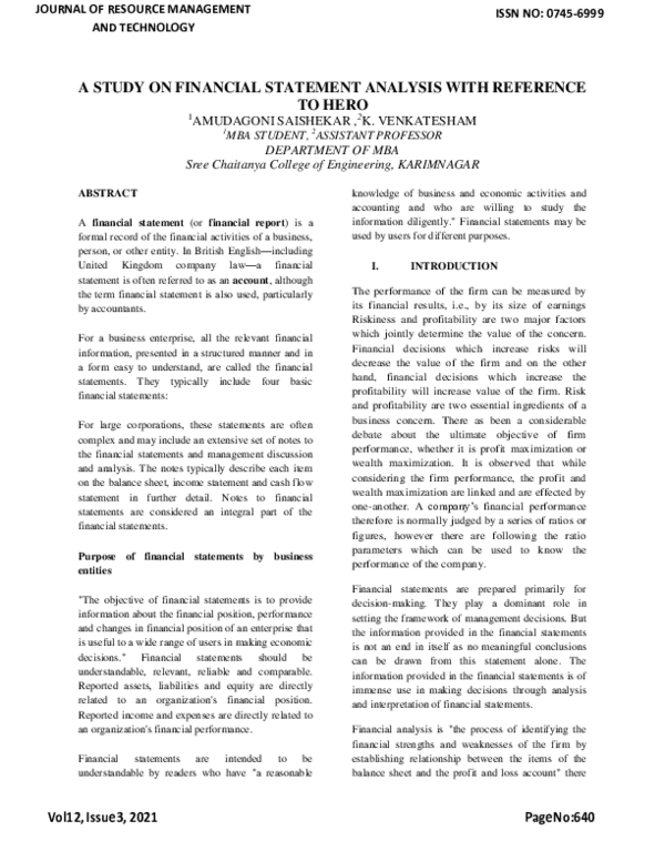 (PDF) A STUDY ON FINANCIAL STATEMENT ANALYSIS WITH REFERENCE TO HERO