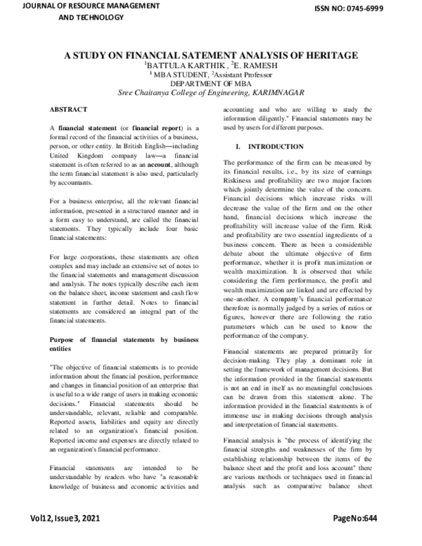 (PDF) A STUDY ON FINANCIAL SATEMENT ANALYSIS OF HERITAGE