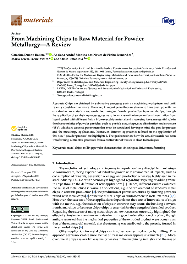 (PDF) From Machining Chips to Raw Material for Powder Metallurgy—A Review