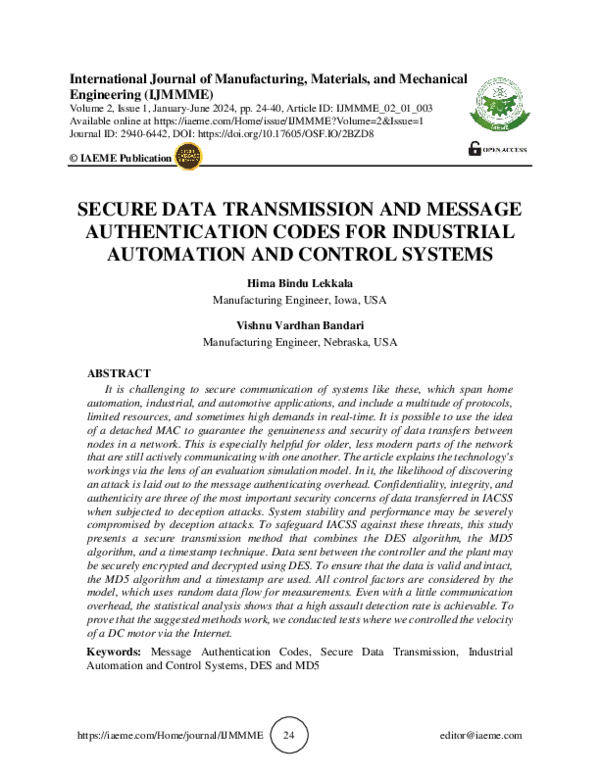 (PDF) SECURE DATA TRANSMISSION AND MESSAGE AUTHENTICATION CODES FOR ...