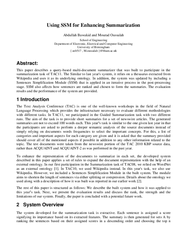 (PDF) Using SSM for Enhancing Summarization