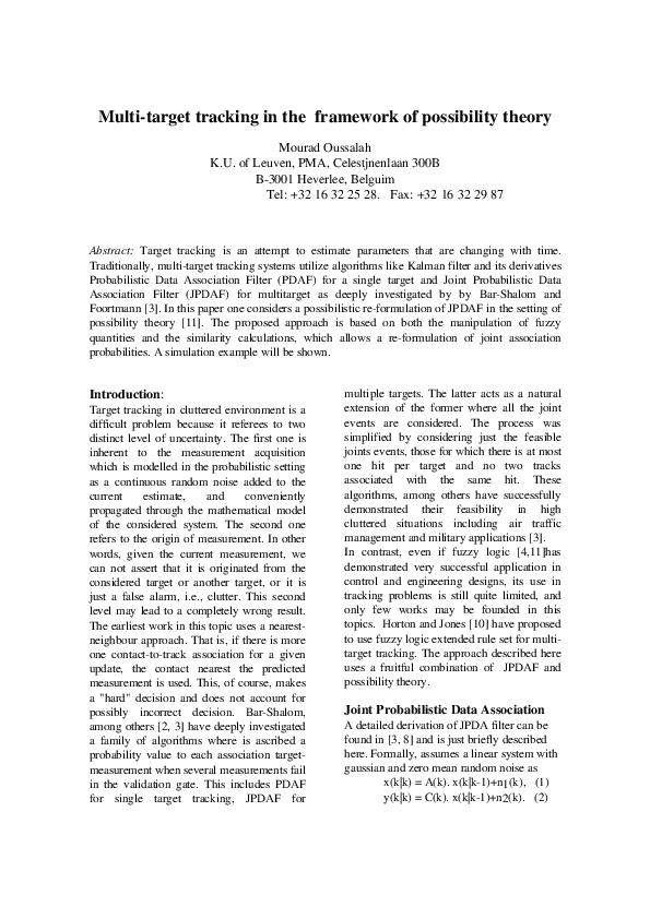 Pdf Multi Target Tracking In The Framework Of Possibility Theory