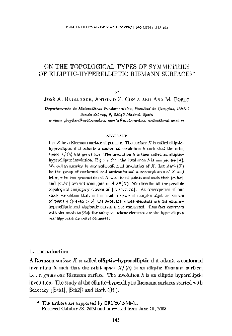 Pdf On The Topological Types Of Symmetries Of Elliptic Hyperelliptic Riemann Surfaces