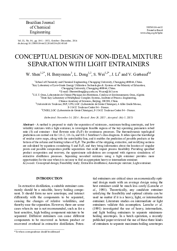 (PDF) Conceptual Design of Non-Ideal Mixture Separation with Light ...