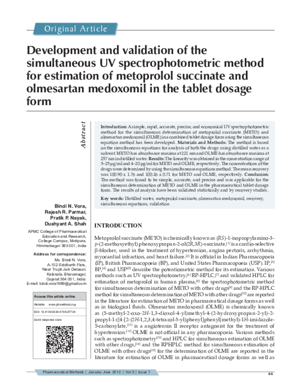 Pdf Development And Validation Of The Simultaneous Uv Spectrophotometric Method For Estimation