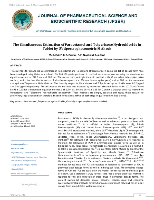 Pdf The Simultaneous Estimation Of Paracetamol And Tolperisone Hydrochloride In Tablet By Uv