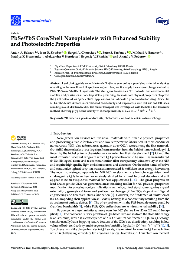 (PDF) PbSe/PbS Core/Shell Nanoplatelets with Enhanced Stability and ...