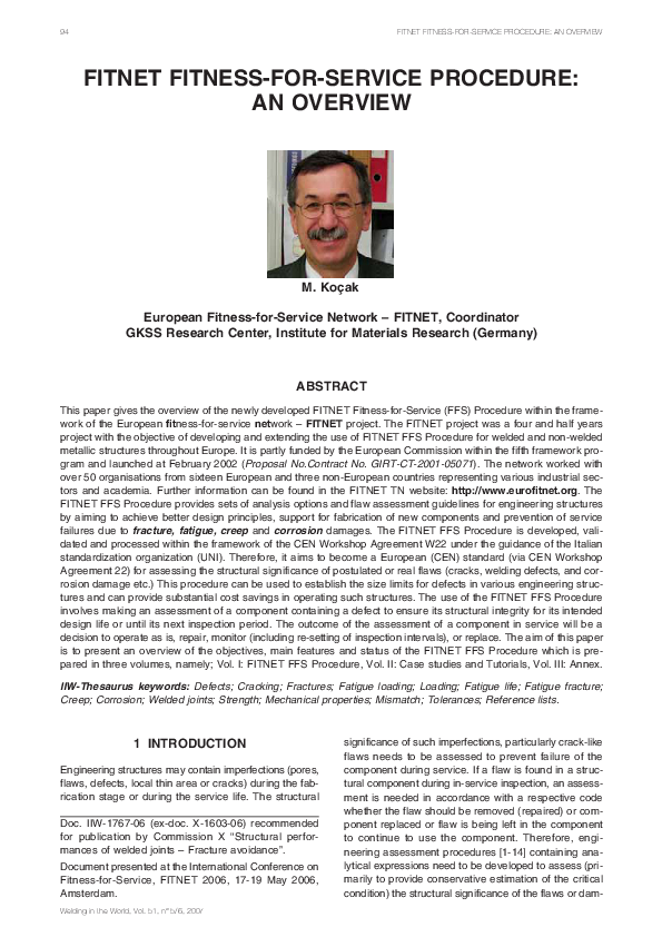 (PDF) FITNET Fitness-for-Service Procedure: An Overview