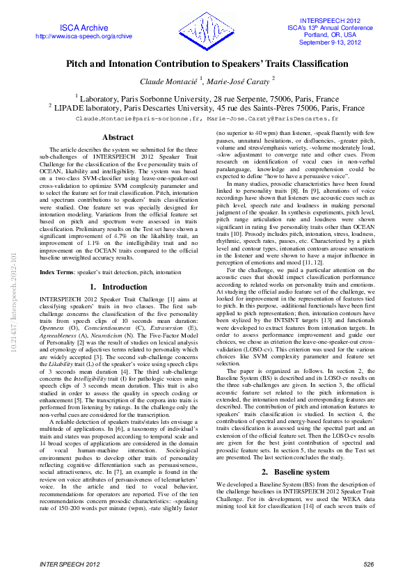 (PDF) Pitch and intonation contribution to speakers' traits classification