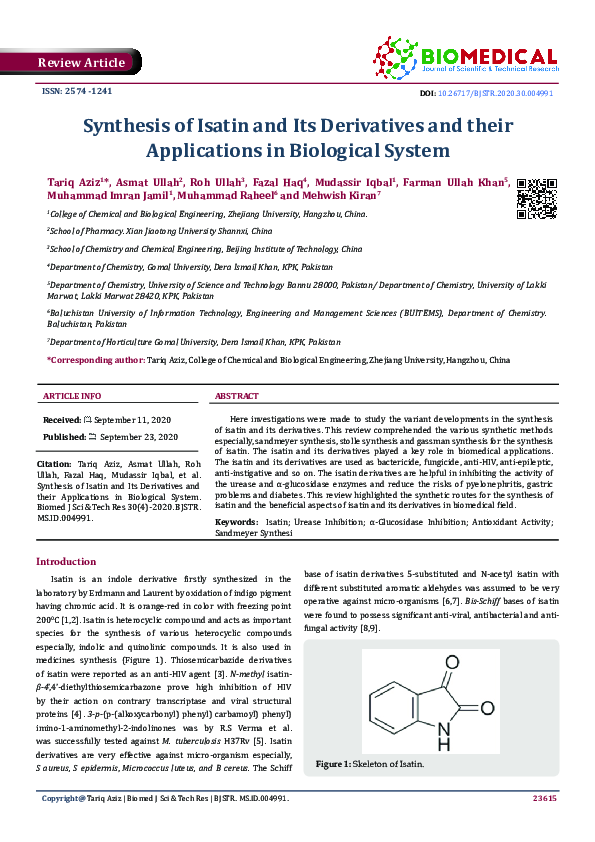 (PDF) Synthesis of Isatin and Its Derivatives and their Applications in Biological System