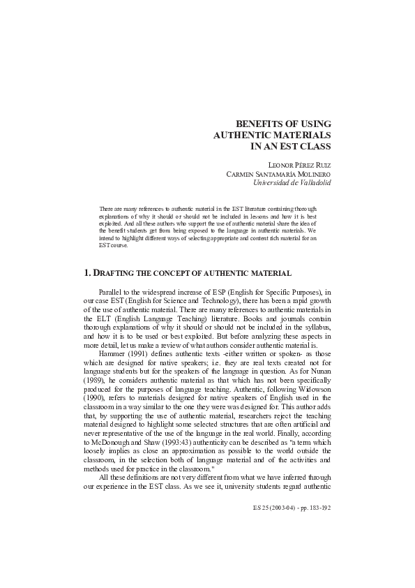 (PDF) Benefits of using authentic materials in an EST class
