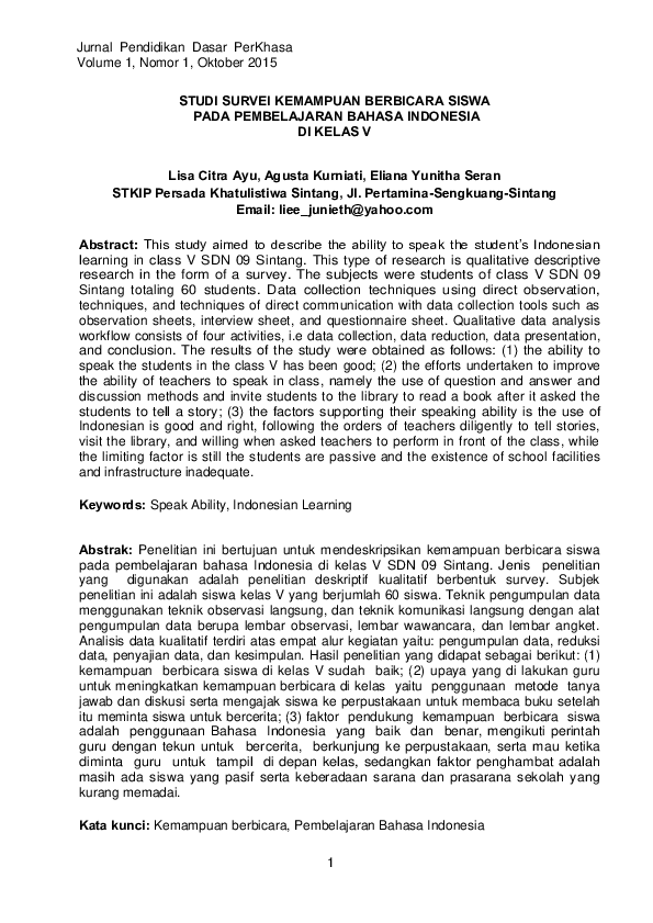 (PDF) Studi Survei Kemampuan Berbicara Siswa pada Pembelajaran Bahasa ...